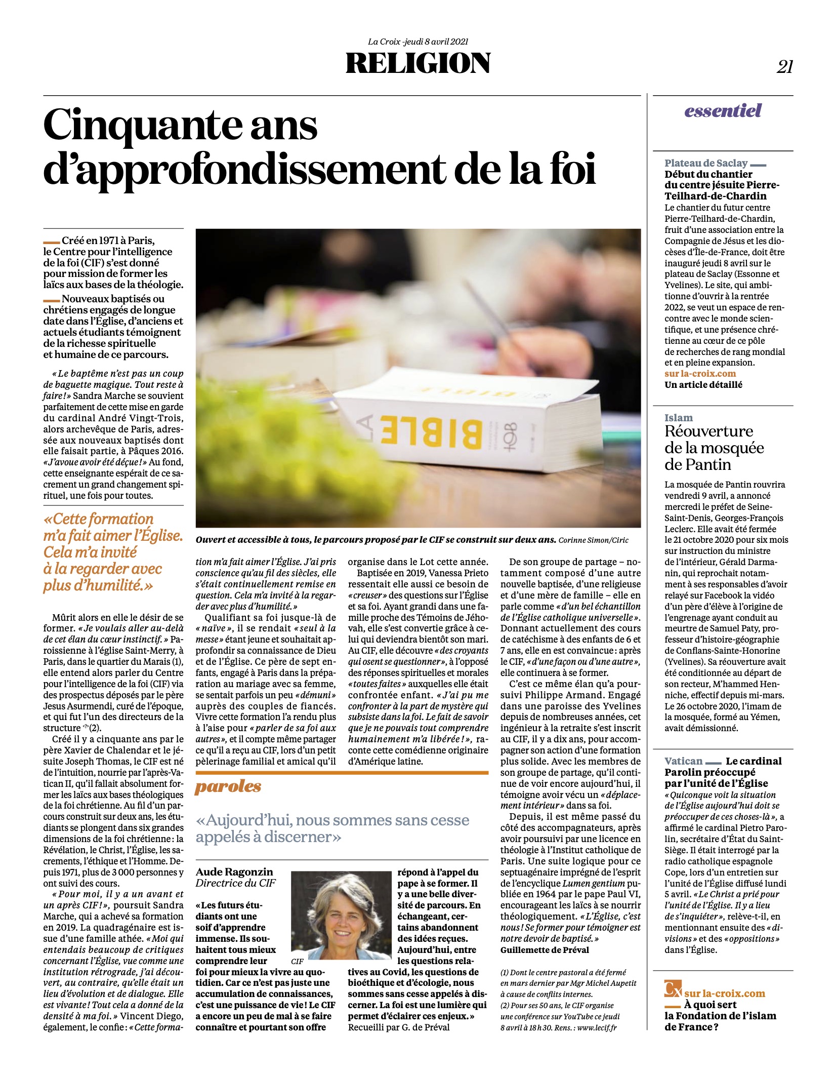 Le CIF dans La Croix du 8 avril 2021 | Centre pour l'Intelligence de la Foi